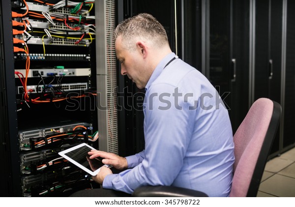 Technician Using Tablet Server Room Data Stock Photo 345798722 ...