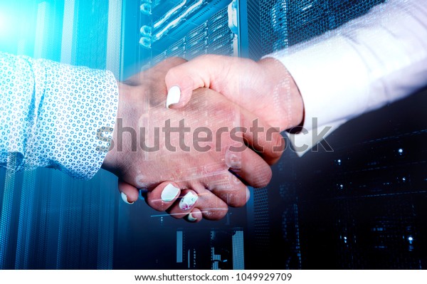 Technicians Shaking Hands Server Room Data Stock Photo 1049929709 ...
