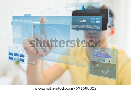 technology, augmented reality, big data and people concept - young man ...
