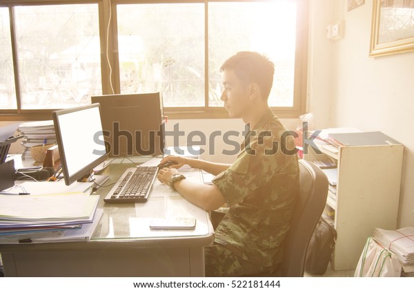 Thailand Soldier Working Using Computer His Stock Photo 522181444 ...