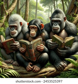 Three Apes Reading AI-generated image 2453524985 | Shutterstock