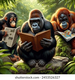 Three Apes Reading AI-generated image 2453524985 | Shutterstock