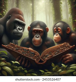Three Apes Reading AI-generated image 2453524985 | Shutterstock