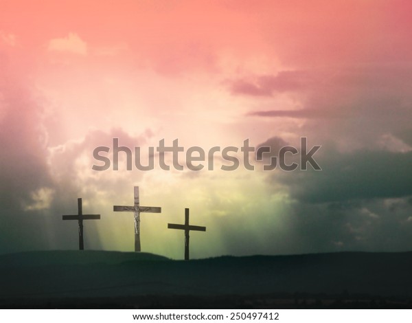 Three Crosses Against Dramatic Red Sky Stock Photo (Edit Now) 250497412
