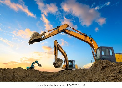 Three Excavators Work On Construction Site Stock Photo (Edit Now ...
