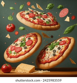 Three Pizzas Flipping Upside Down High AI-generated image 2502482751 ...