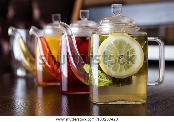 Three Square Teapots Different Colors Fruit Stock Photo (Edit Now ...