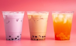 Three Different Types of Boba Tea on a Bright Pink Background, a Food ...