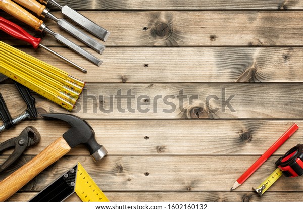 Top View Carpenter Work Tools On Stock Photo 1602160132 | Shutterstock
