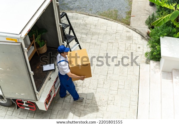 Top View Workers Unloading Boxes Van Stock Photo 2201801555 Shutterstock