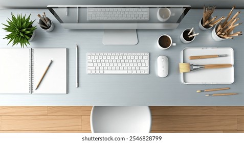 Top-down View Creators Desk Capturing Workspace AI-generated image ...