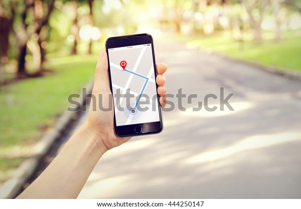 Tourist Using Navigation App On Mobile Stock Photo (Edit Now) 444250147