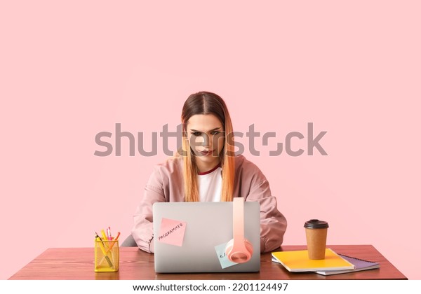 Transgender Programmer Laptop Table On Pink Stock Photo 2201124497 ...