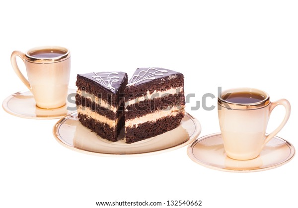 Two Cake On Plates Two Cups Stock Photo (Edit Now) 132540662