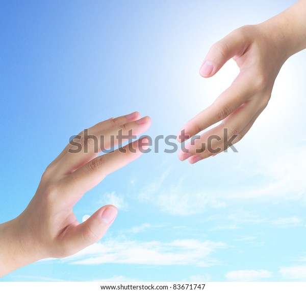 Two Hand Touch Isolated On Blue Stock Photo (Edit Now) 83671747