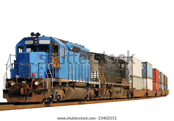 Two Locomotives Pulling Train Container Cars Stock Photo (Edit Now ...