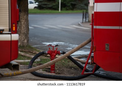 Two Red Fire Engines Connected Hydrant Stock Photo 1113617819 ...