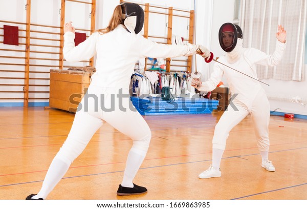 Two Women Fencers Practicing Techniques Duel Stock Photo (Edit Now ...