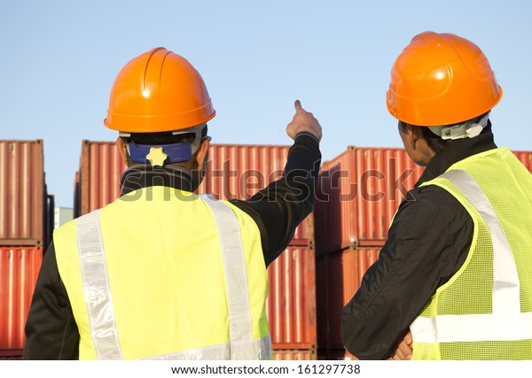Two Workers Inspection On Stack Containers Stock Photo 161297738 ...
