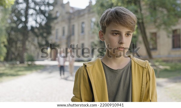 Upset School Boy Standing Alone Suffering Stock Photo 2200910941 ...