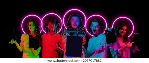 Using Gadgets Tablets Collage Made Multiethnic Stock Photo 2037017882 ...