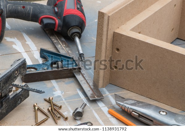 Various Carpentry Tools Set On Workbench Stock Photo 1138931792 ...