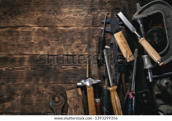 Various Old Construction Tools On Wooden Stock Photo (Edit Now) 1393299356