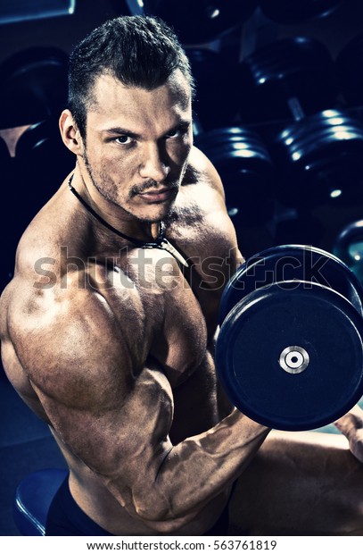Vertical Portrait Guy Bodybuilder Execute Exercise Stock Photo ...