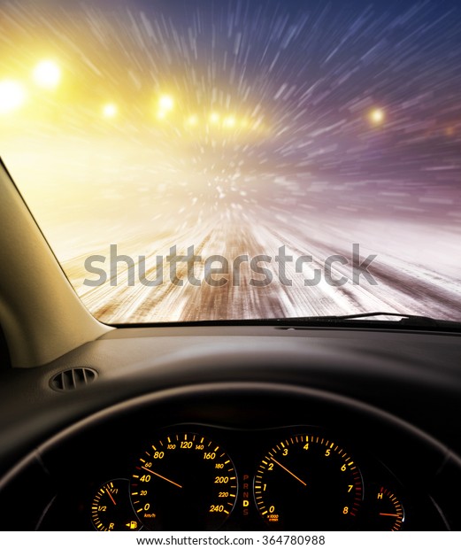 View Through Car Windshield Snowcovered Road Stock Photo 364780988 ...