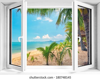 Illustration Sea Beach View Window Stock Vector (Royalty Free ...