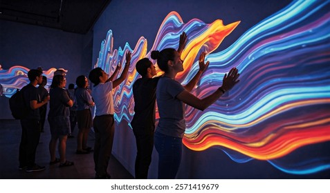 Visitors Interacting Projection Mapping Visual Wall AI-generated image ...