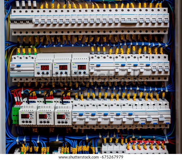 Voltage Switchboard Circuit Breakers Electrical Background Stock Photo ...