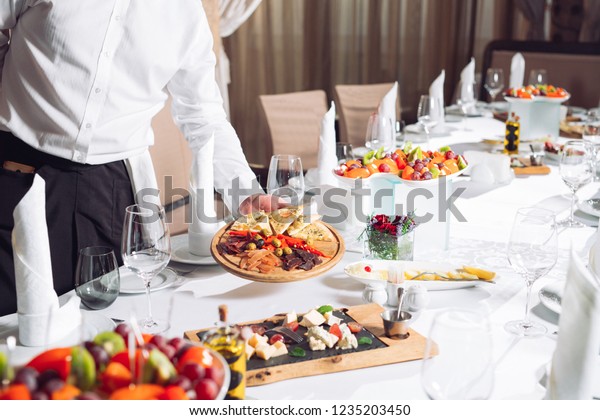 Waiter Serving Table Restaurant Preparing Receive Stock Photo ...