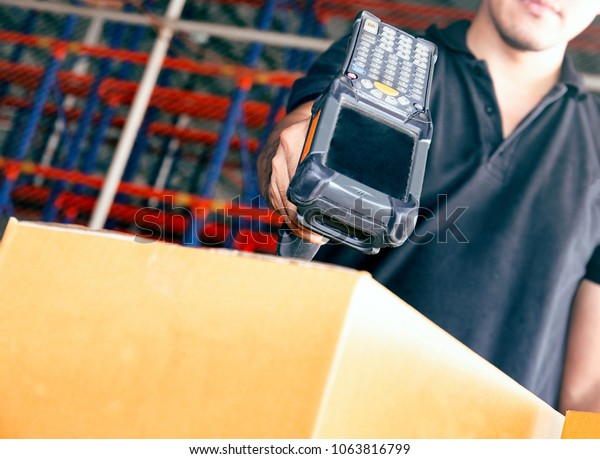 Warehouse Worker Scanning Barcode Scanner Shipment Stock Photo ...