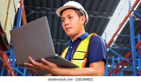 Warehouse Worker Using Computer Laptop Checking Stock Photo 2181304821 ...