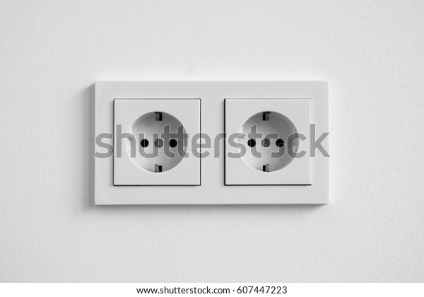 White Double Socket On Wall Electric Stock Photo (Edit Now) 607447223
