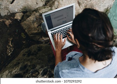 White Man Using Computer Laptop Waterfall Stock Photo 1070293292 ...