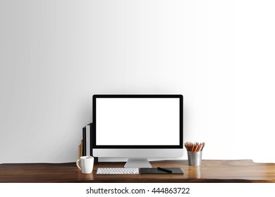 White Screen Computer On Table Workplace Stock Photo (Edit Now) 444863722