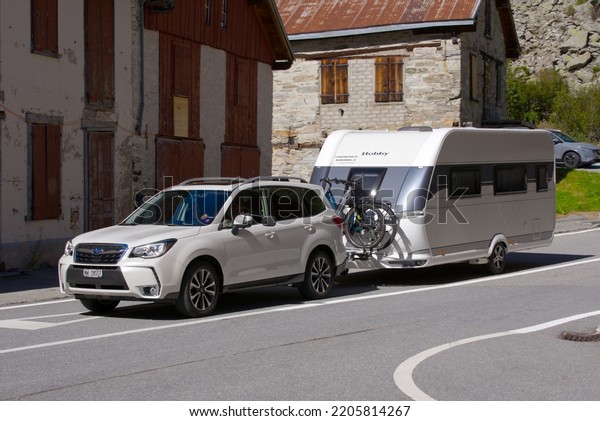 White Van Pulling Caravan Junction Mountain Stock Photo 2205814267 ...