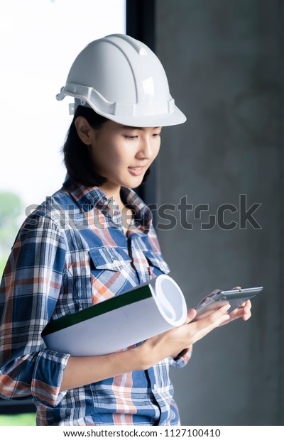 Woman Civil Architech Engineer Holding Blueprint Stock Photo 1127100410 ... Woman Civil Architech Engineer Holding Blueprint Stock Photo 1127100410 ...