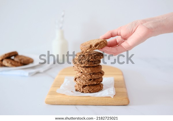 Womans Hand Holding Cookie Stack Freshly Stock Photo 2182725021 ...
