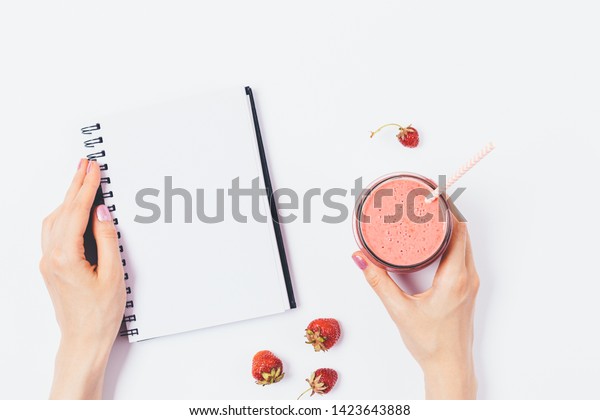 Womans Hands Holding Empty Notepad Glass Stock Photo 1423643888 ...