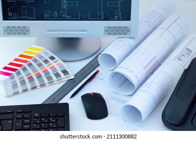 Work Tools Blueprint Technical Drawing Table Stock Photo 2111300882 ...