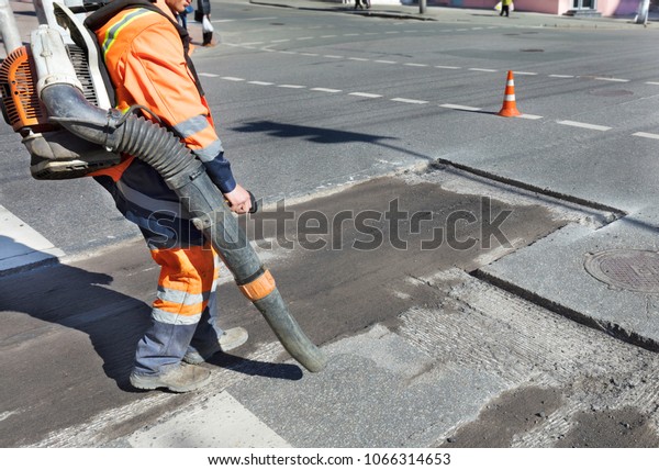 Worker Blower Posing Cleaning Out Dust Stock Photo 1066314653 ...