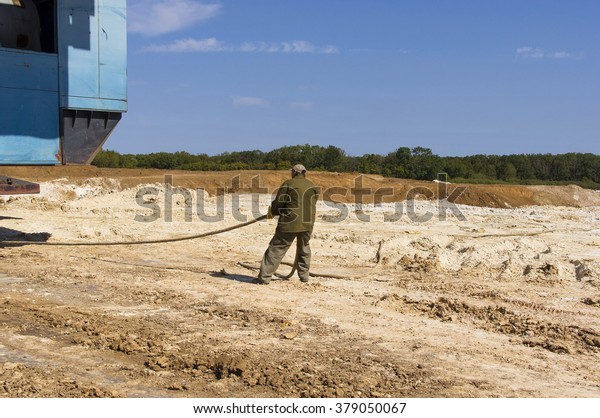 Worker Dragging Heavy Electric Cabling Large Stock Photo 379050067 ...