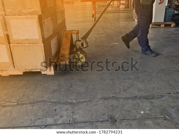 Worker Driving Forklift Loading Unloading Shipment Stock Photo ...