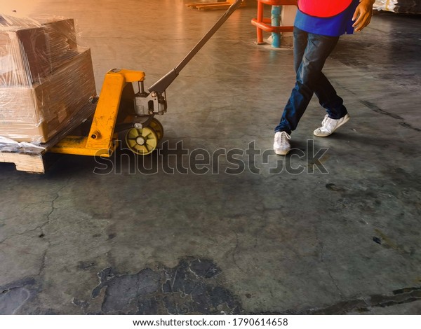 Worker Driving Forklift Loading Unloading Shipment Stock Photo ...