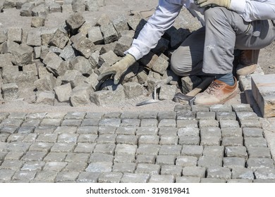 Worker Installing Granite Cubes Pathway Laying Stock Photo 319819841 ...