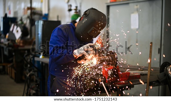 Worker Operating Angle Grinder Making Lots Stock Photo 1751232143 ...