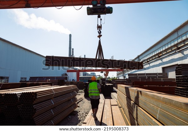 Worker Transporting Stack Metal Pipes Gantry Stock Photo 2195008373 ...